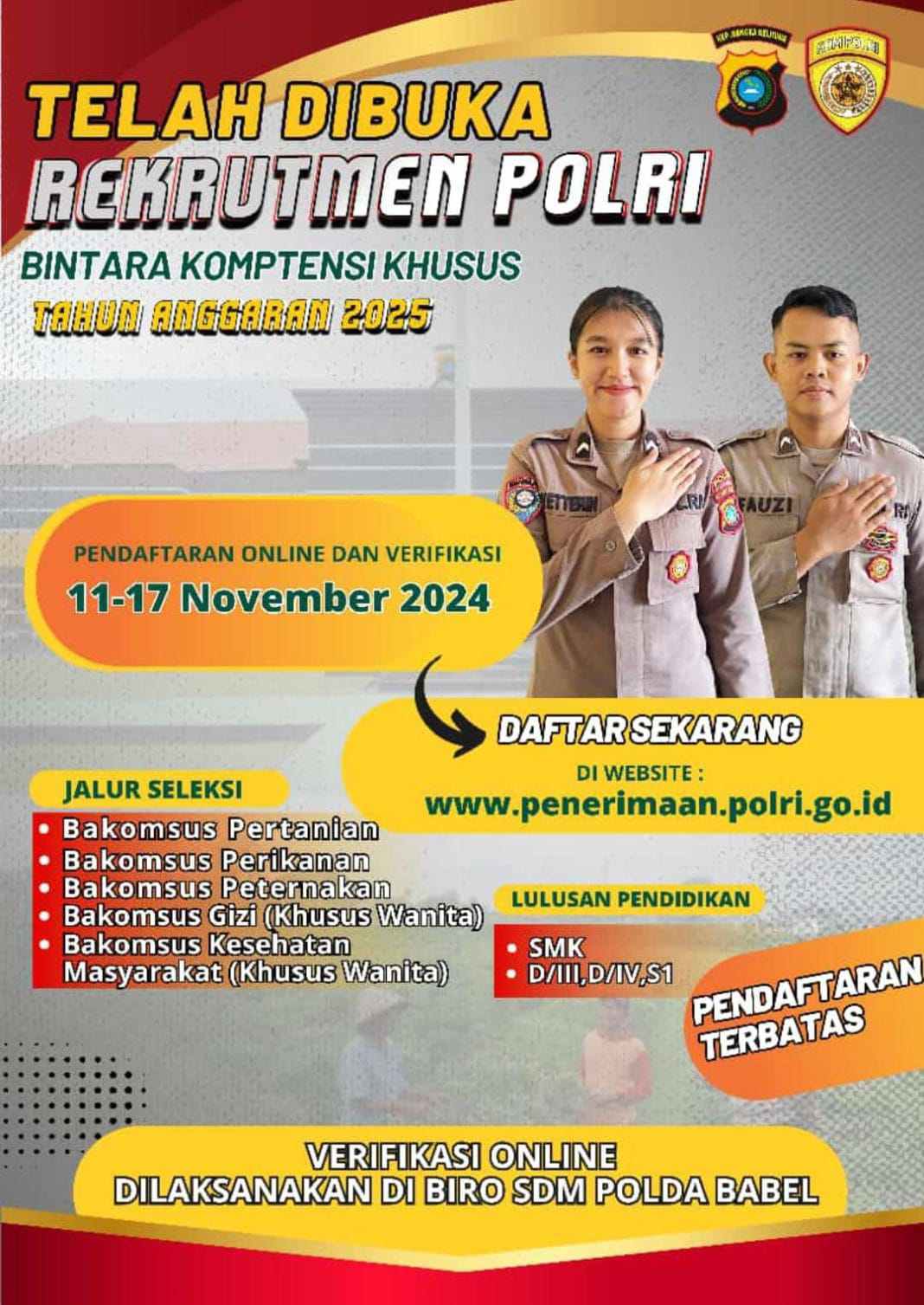 Jadwal Seleksi Penerimaan Bintara Kompetensi Khusus (Bakomsus) Tahun Anggaran 2025